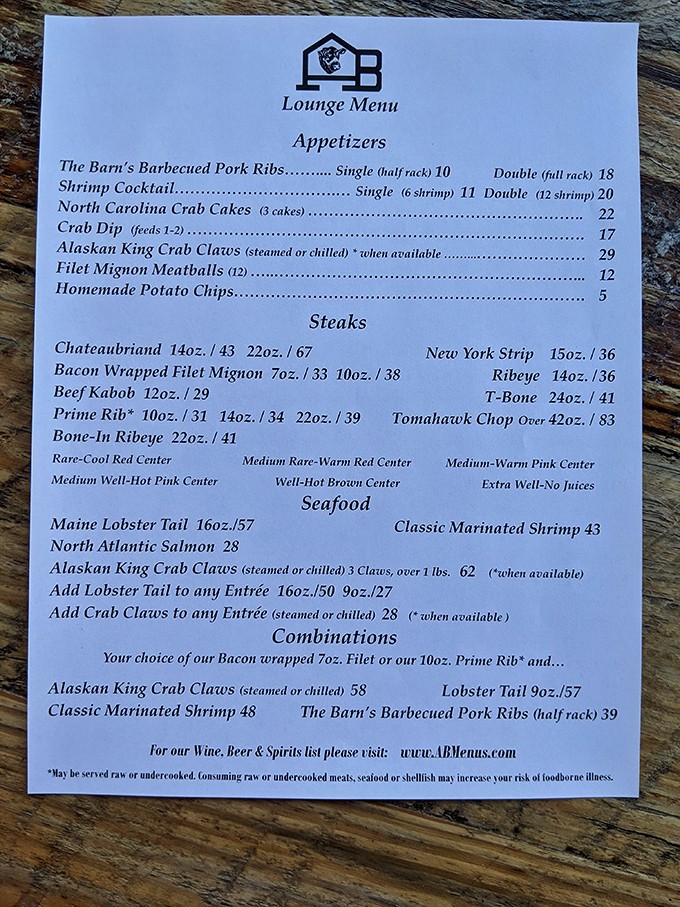 A menu that reads like poetry to carnivores. Notice how "Extra Well&mdash;No Juices" appears at the bottom, like a sad afterthought.