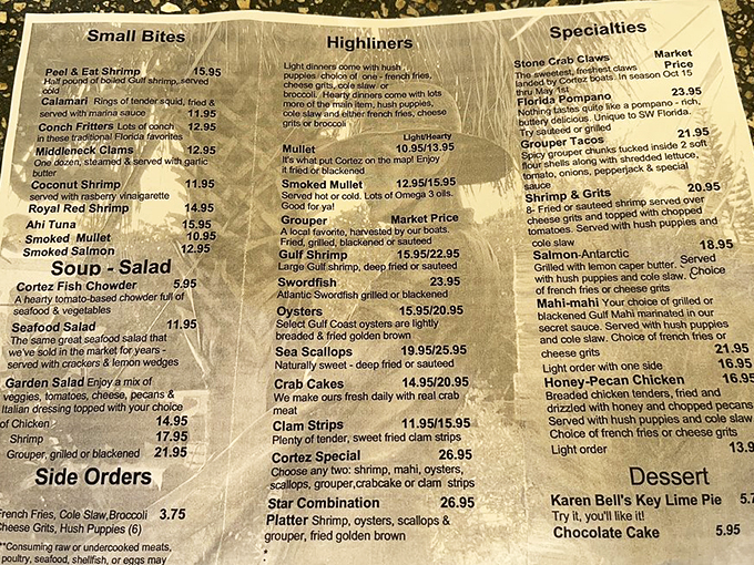 A menu that reads like poetry to seafood enthusiasts. Notice how "market price" appears more often than a pelican at a fishing dock.