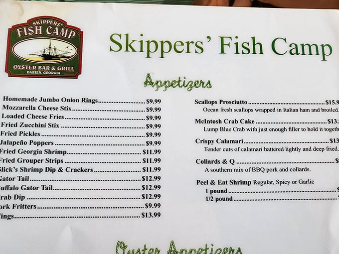 A menu that reads like a love letter to Georgia's coastal waters. Notice how they describe the crab cake&mdash;"just enough filler to hold it together"&mdash;that's seafood honesty!