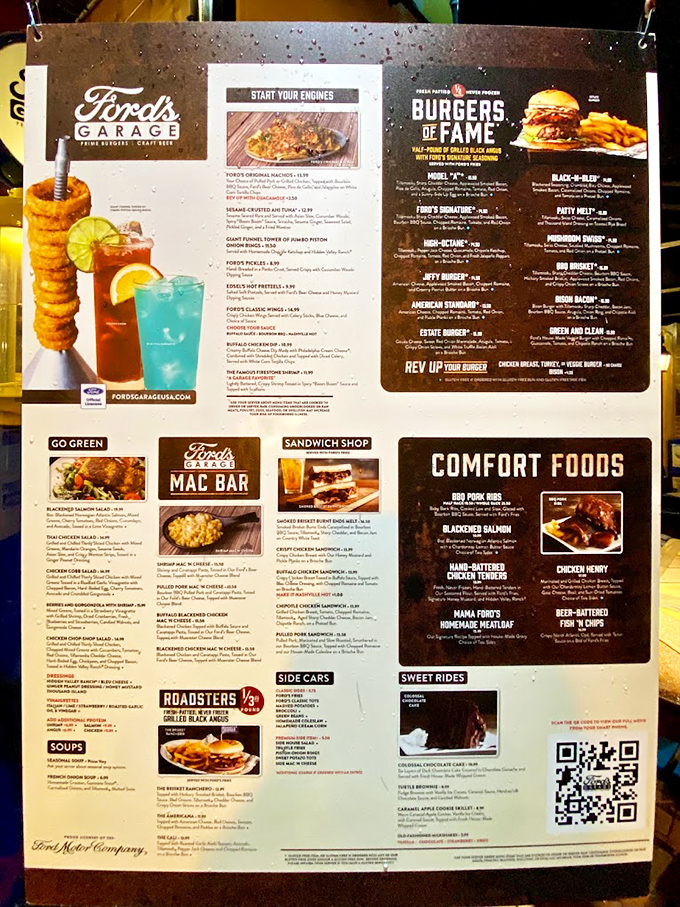 The menu reads like a road map to flavor country, with sections cleverly named "Start Your Engines" and "Burgers of Fame." Decision paralysis has never been so delicious.