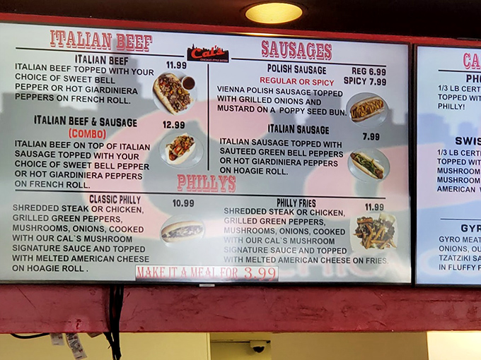 The menu board reads like a love letter to Chicago street food, with Italian beef taking center stage where it belongs.