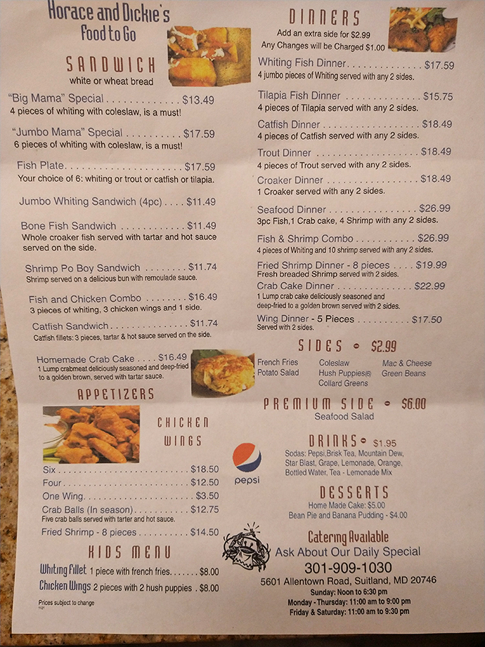 This menu isn't just a list of options &ndash; it's a roadmap to seafood nirvana. The "Big Mama" and "Jumbo Mama" specials aren't kidding around.