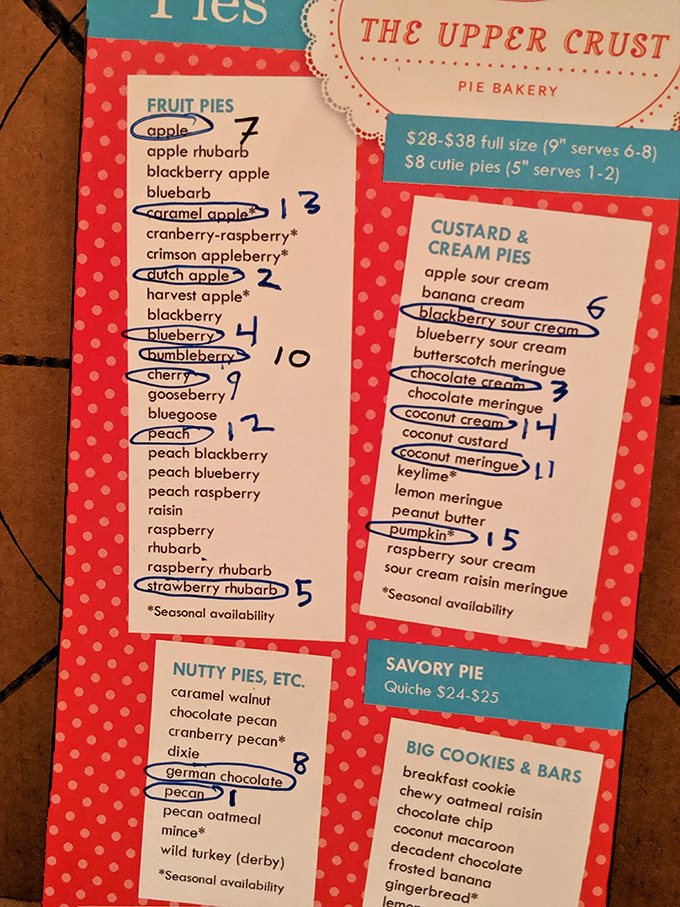 This menu board is like the Rosetta Stone for pie lovers. Each circled number represents someone's moment of weakness that turned into a moment of bliss.