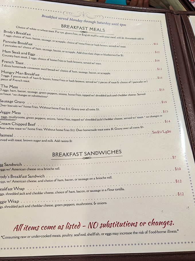 A menu that reads like poetry to hungry travelers. Notice that stern "NO substitutions" warning&mdash;a telltale sign of a kitchen confident in its creations.