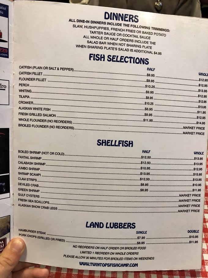 A menu that gets straight to the point: delicious seafood without pretense. The "Land Lubbers" section exists merely as a courtesy.