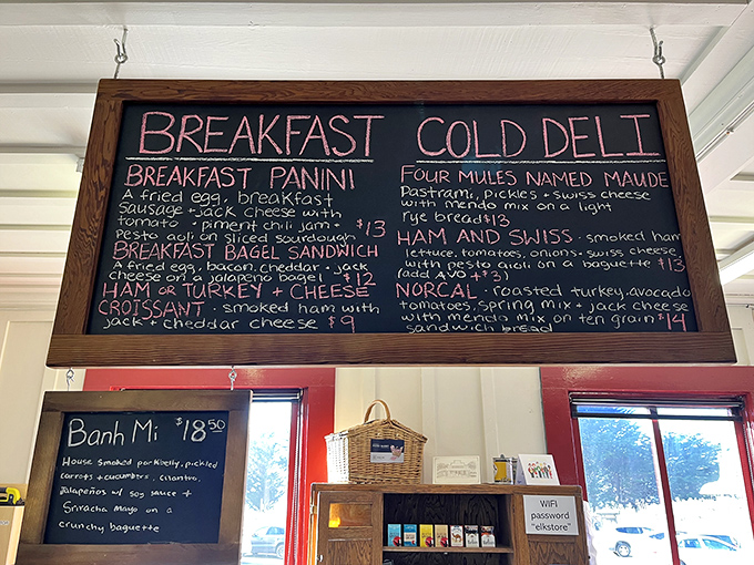 The chalkboard menu reads like poetry for the hungry traveler. "Four Mules Named Maude" isn't just a sandwich&mdash;it's the beginning of a delicious story.