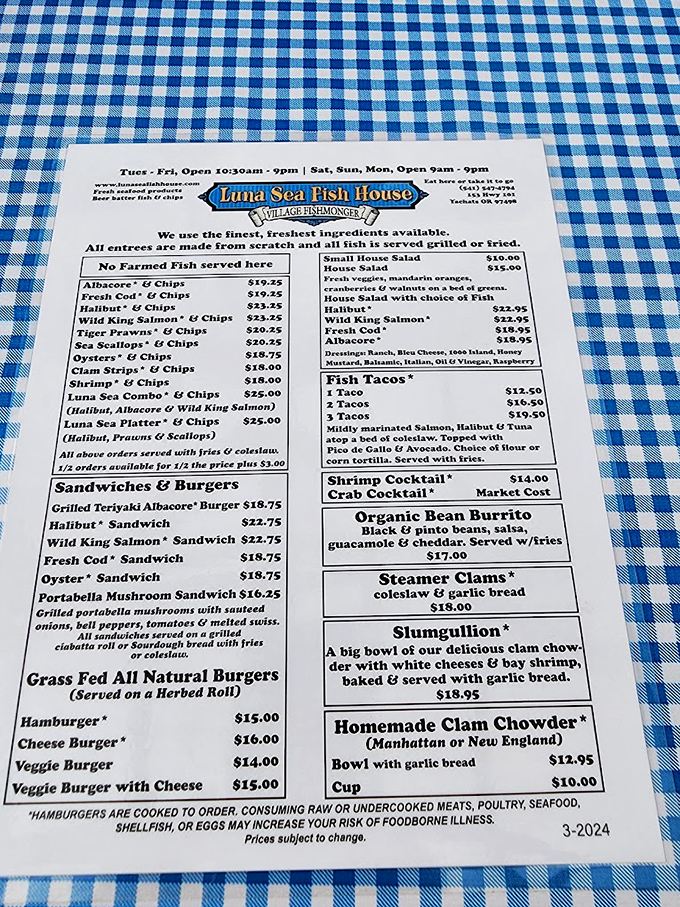 This isn't just a menu—it's a maritime treasure map where X marks the spot for wild-caught delights and "No Farmed Fish" is the golden rule.