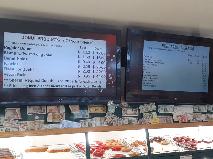 The menu board tells a story of donut democracy—where everyone from minimalists to maximalists can find their perfect fried dough companion at refreshingly reasonable prices.