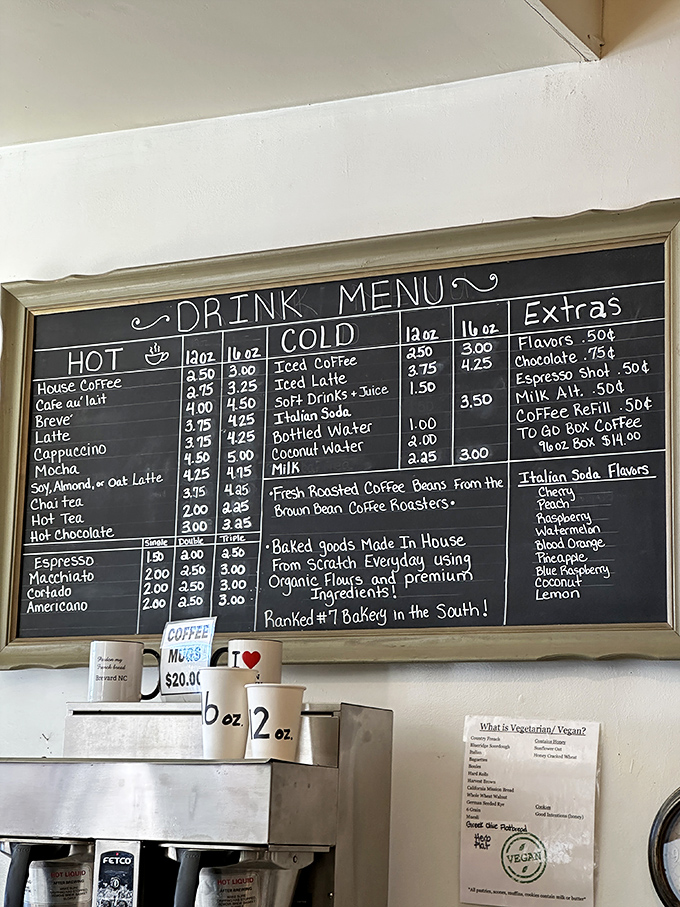 The handwritten chalkboard menu proudly announces "Baked goods Made In House From Scratch Everyday using Organic Flours and premium Ingredients!"