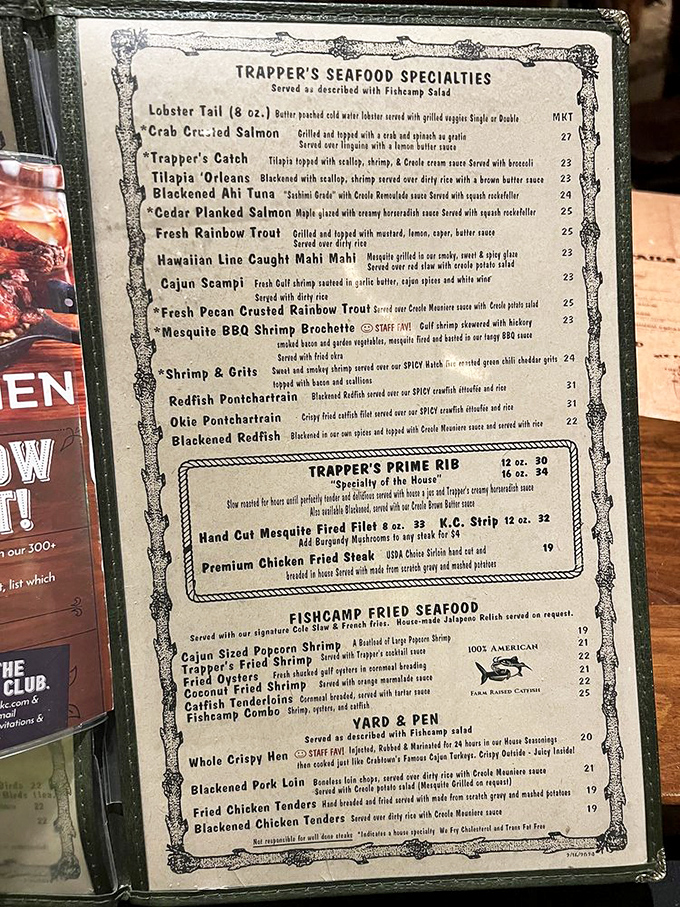 Menu poetry for seafood lovers. Each dish description at Trapper's reads like a love letter to Gulf Coast cuisine that somehow found its way to landlocked Oklahoma.