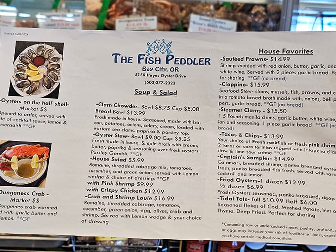 A menu that reads like poetry to seafood lovers&mdash;clam chowder, oysters on the half shell, and Dungeness crab await.