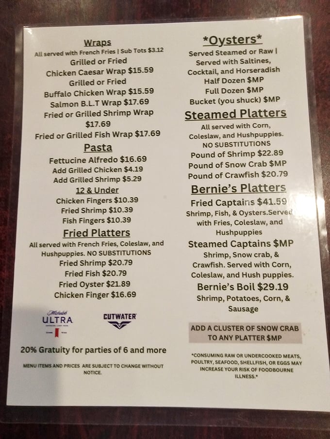 Bernie's menu reads like a love letter to the sea. No fancy descriptions needed when the food speaks this eloquently for itself.