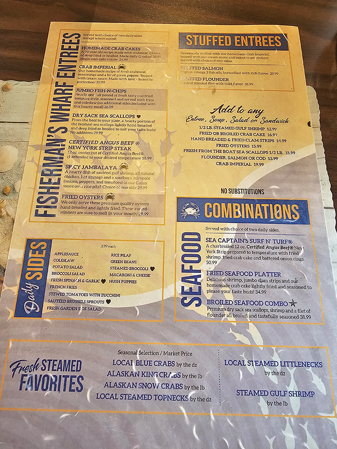 A menu worn from countless hungry fingers tells the real story: this place isn't about fancy descriptions, it's about seafood that speaks for itself.