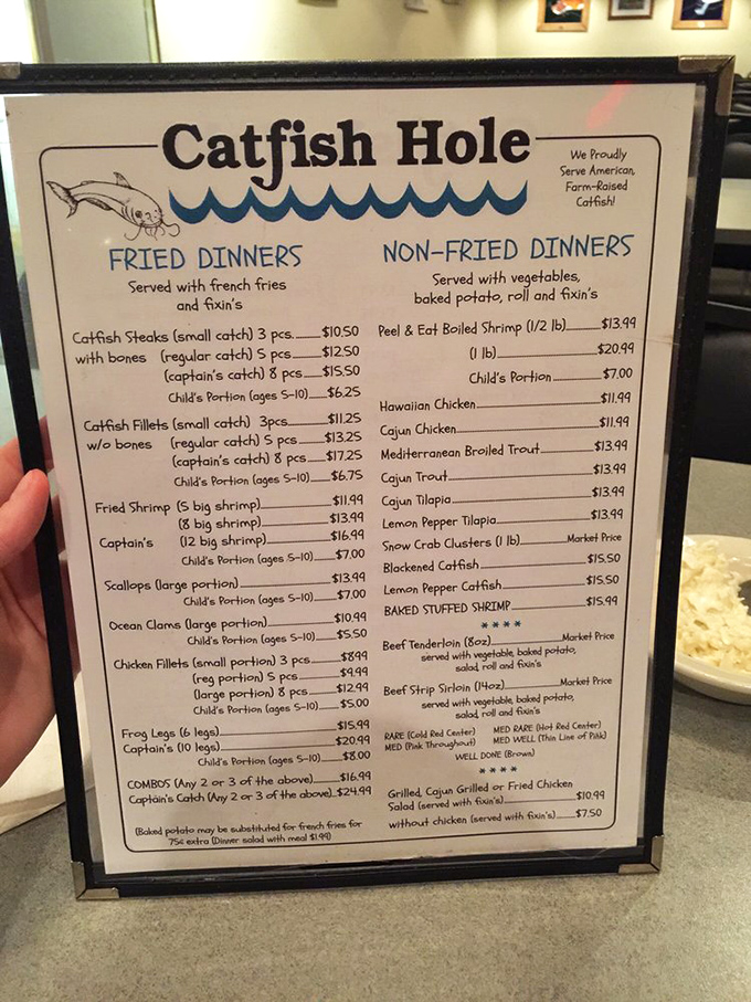 The menu reads like a love letter to Southern seafood traditions, with farm-raised catfish taking center stage in this Arkansas culinary drama.