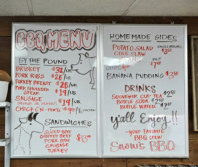 The chalkboard menu at Snow's—a Texas love letter written in meats, sides, and reasonable prices.