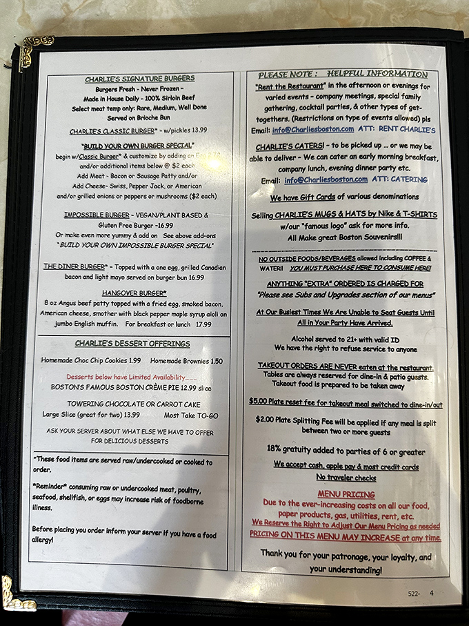 Charlie's menu speaks the universal language of comfort food, where "The Hangover Burger" might just save your morning.
