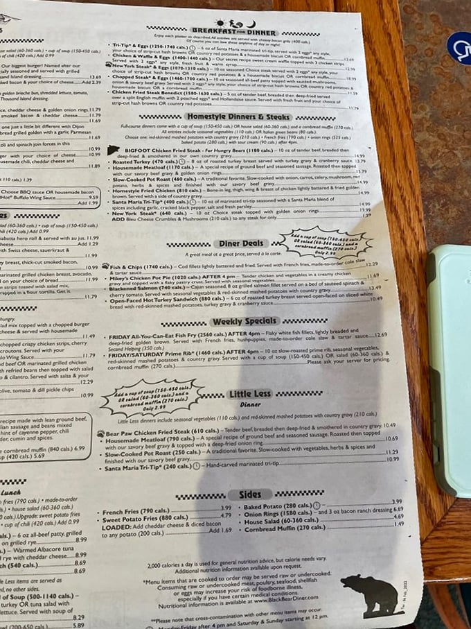 This isn't just a menu&mdash;it's a roadmap to happiness. The "Homestyle Dinners & Steaks" section should come with a warning: naps may follow.