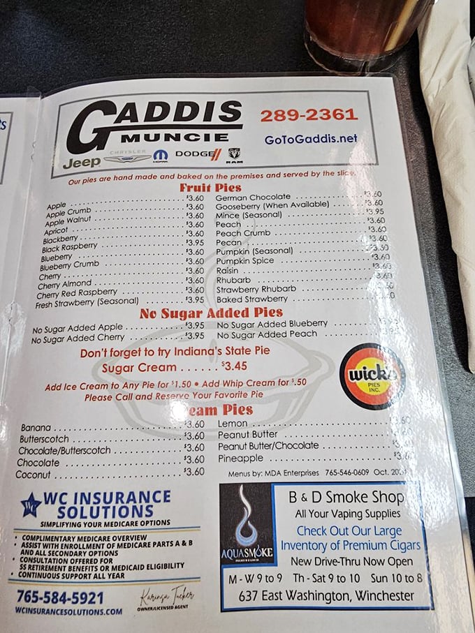 The menu reads like a love letter to pie enthusiasts. Each option more tempting than the last, with Indiana's State Pie—Sugar Cream—holding court at $3.45.