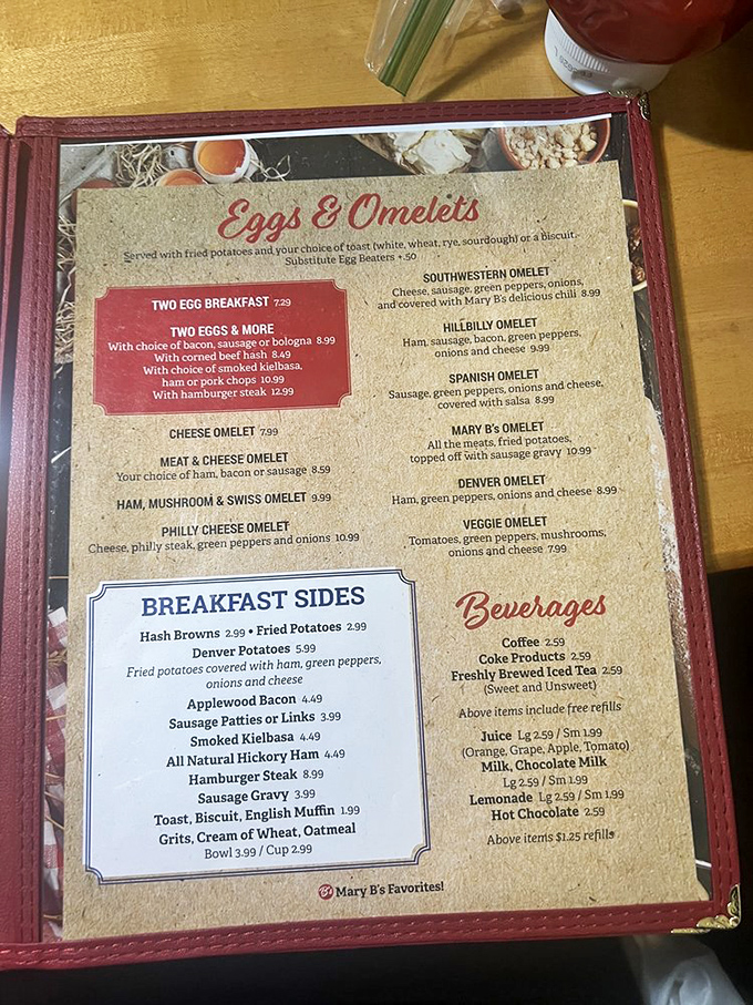 The breakfast menu reads like a love letter to morning indulgence. Mary B's omelets aren't just meals&mdash;they're edible achievements.