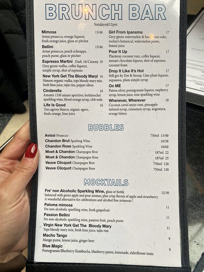The brunch bar menu reads like a love letter to day drinking. Who knew breakfast could come with this many champagne options?