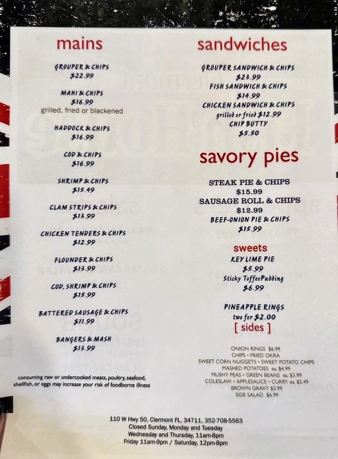 The menu reads like a love letter to British comfort food. No fancy descriptions needed when the classics speak for themselves.