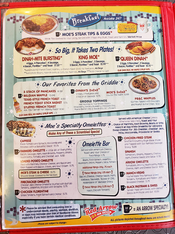 This isn't just a menu; it's a roadmap to happiness. The "Dinah-Mite Bursting" breakfast isn't exaggerating&mdash;it really does take two plates!