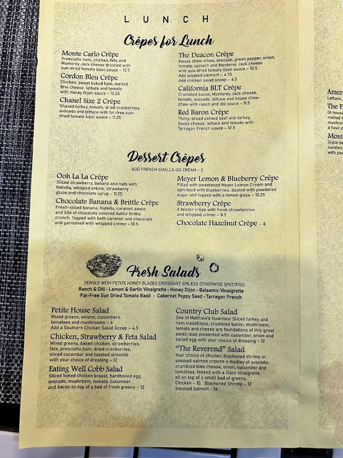 The menu reads like a love letter to breakfast, with crepes that would make Julia Child do a happy dance. Each option more tempting than the last.