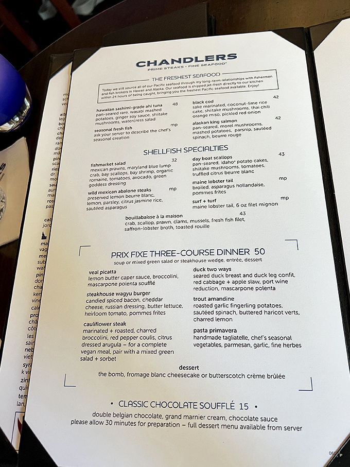 This isn't just a menu; it's a roadmap to happiness. The seafood section alone could make a landlocked Idahoan forget they're 500 miles from an ocean.