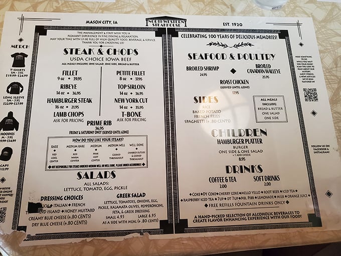 A menu that doesn't need adjectives to impress. When your steaks have been legendary for a century, you don't need fancy descriptions.