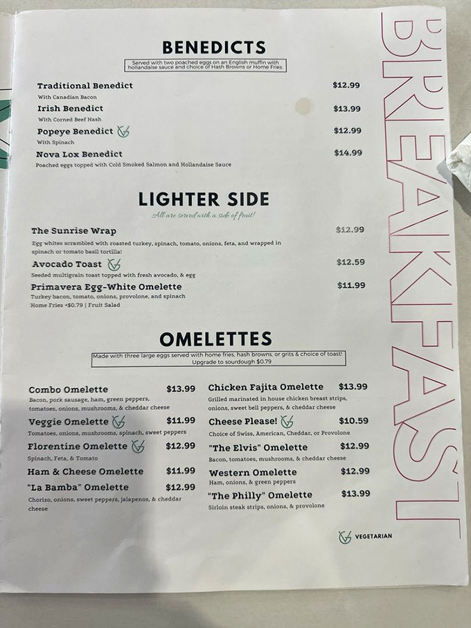 This menu isn't just food options&mdash;it's a roadmap to happiness. The Benedict section alone could solve most of life's problems before noon.