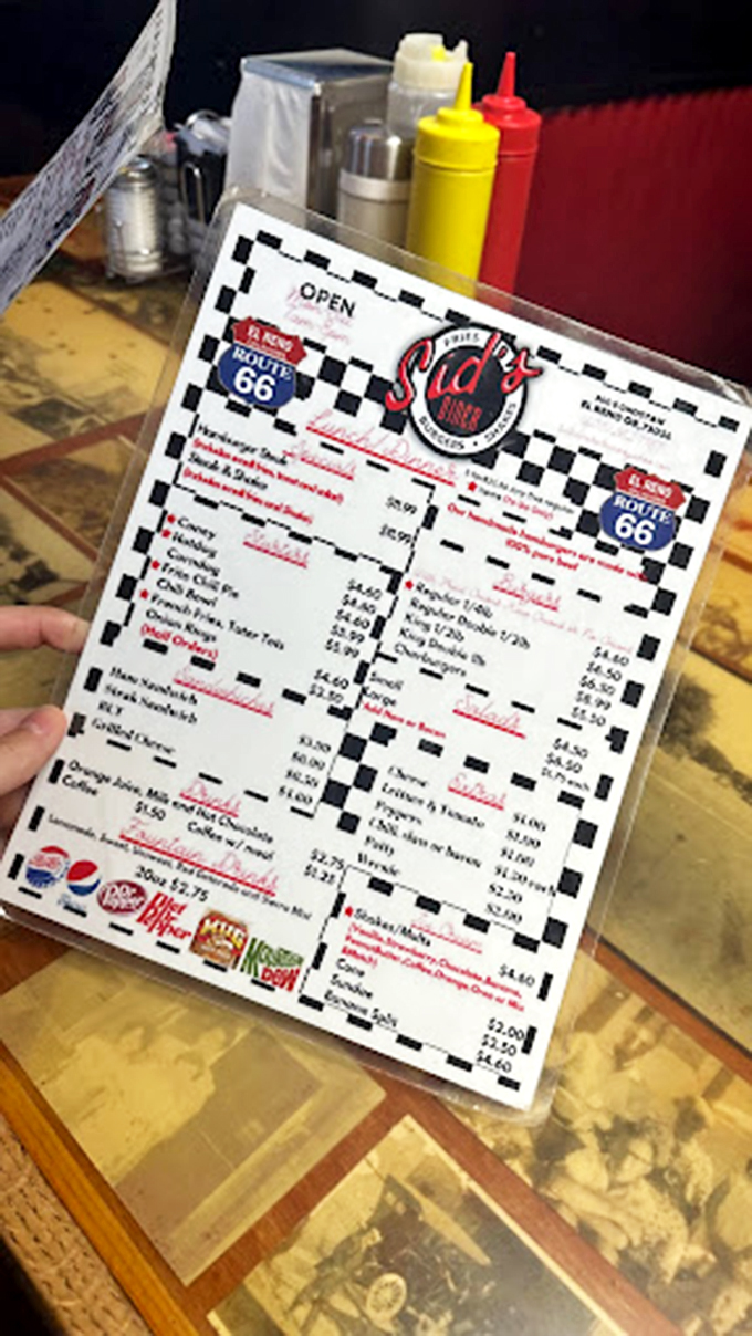 The checkered-border menu at Sid's tells a delicious story&mdash;each item a potential plot twist in your day's culinary adventure.