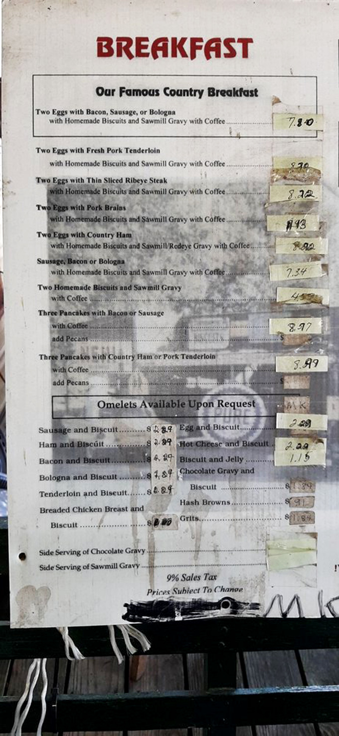 A menu that hasn't changed because it doesn't need to. That sawmill gravy has been settling arguments and starting days right for decades.