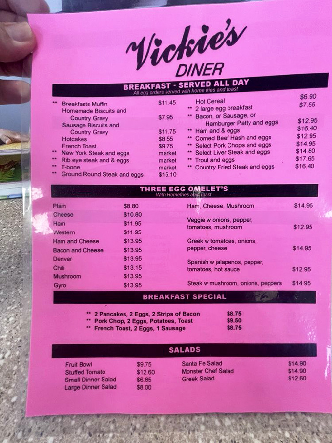 The iconic pink menu at Vickie's&mdash;where breakfast is an all-day affair and decisions are harder than picking the right slot machine.