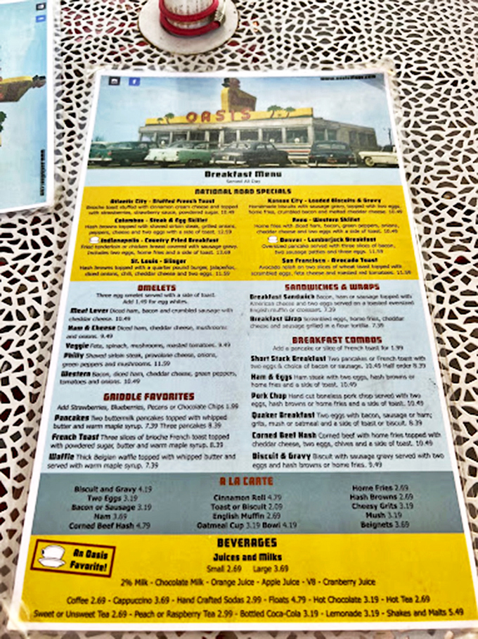 The menu reads like a road trip across America, with breakfast specials named after cities from Atlanta to San Francisco. Decisions, decisions!