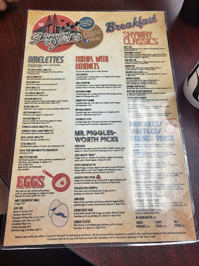 This menu isn't just laminated&mdash;it's a roadmap to breakfast nirvana. "Mr. Pigglesworth Picks" might be the greatest menu section name in diner history.