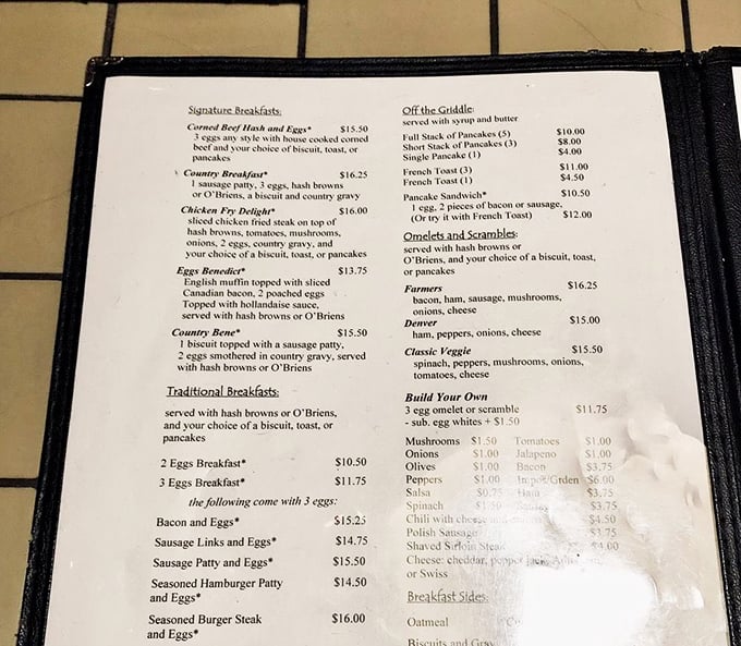 This isn't a menu – it's a survival guide. Classic breakfast offerings available 24/7 because life's emergencies rarely follow a schedule.