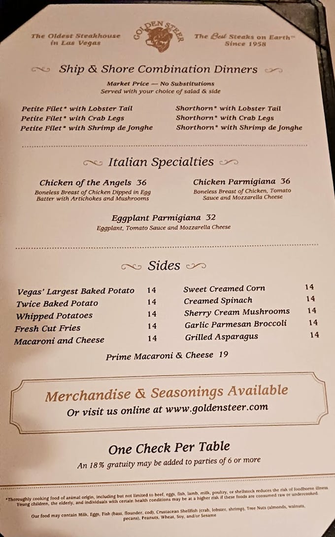 The menu reads like a love letter to classic American dining—surf and turf combinations that would make your cardiologist wince but your soul sing.