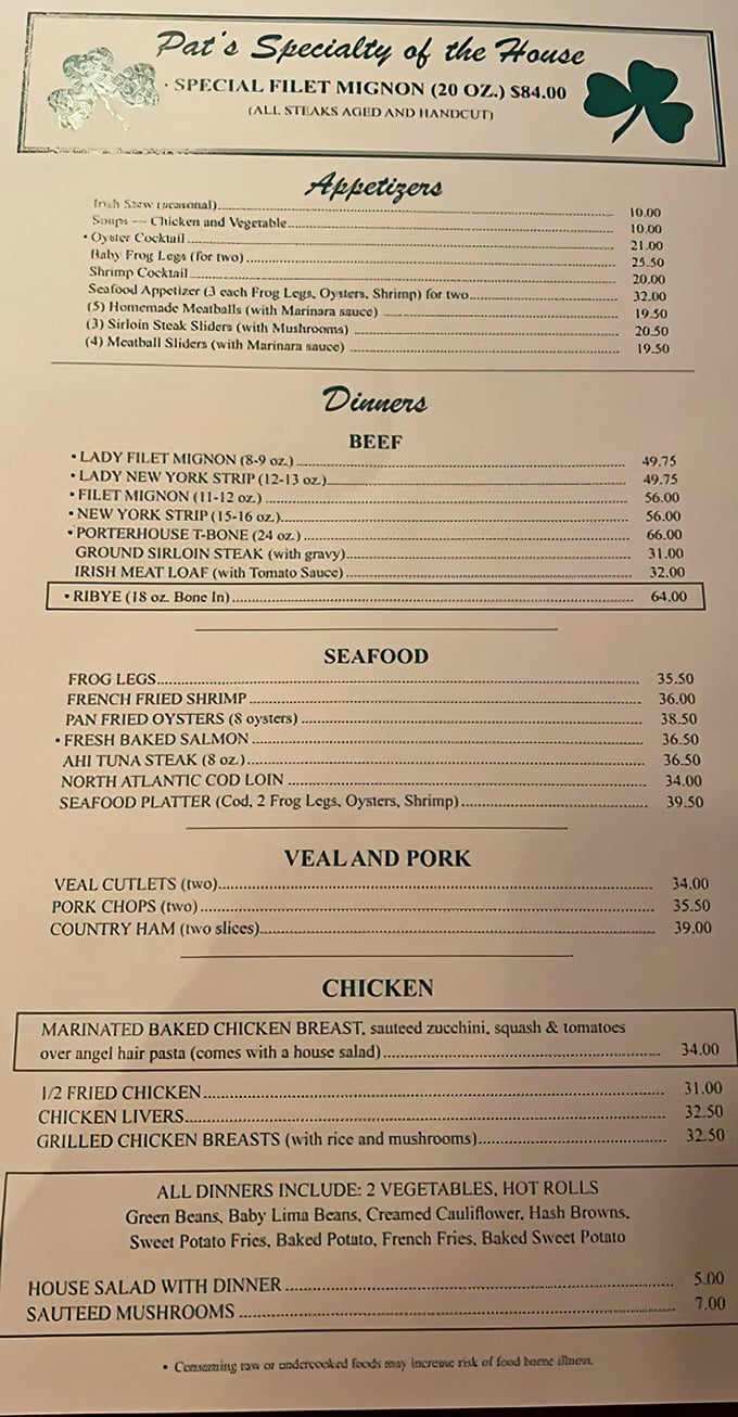 This menu isn't just a list of options &ndash; it's a declaration of beef independence. The shamrock hints at Pat's Irish roots while promising steakhouse perfection.