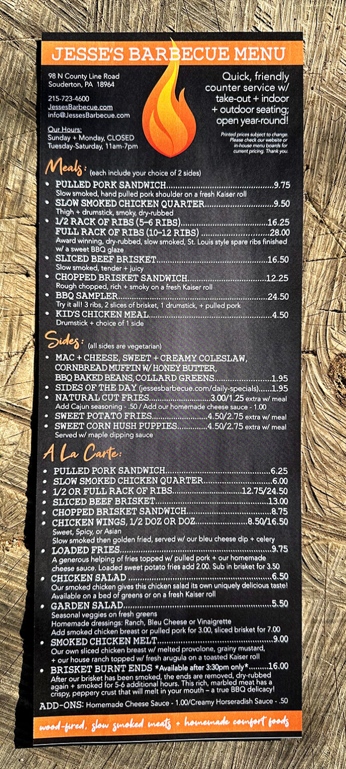 This menu isn't just a list; it's a treasure map where X marks the brisket. Study it carefully&mdash;your happiness depends on making the right choice.