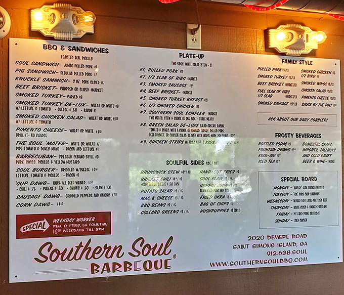 A menu that reads like barbecue poetry. Each option promises smoky perfection, making decisions harder than choosing a favorite child.