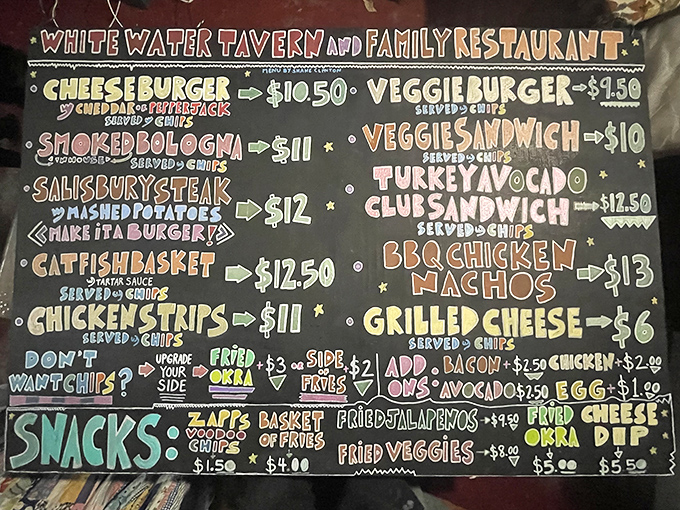 This hand-drawn menu board might be the only place where "smoked bologna" and "culinary masterpiece" legitimately belong in the same sentence.