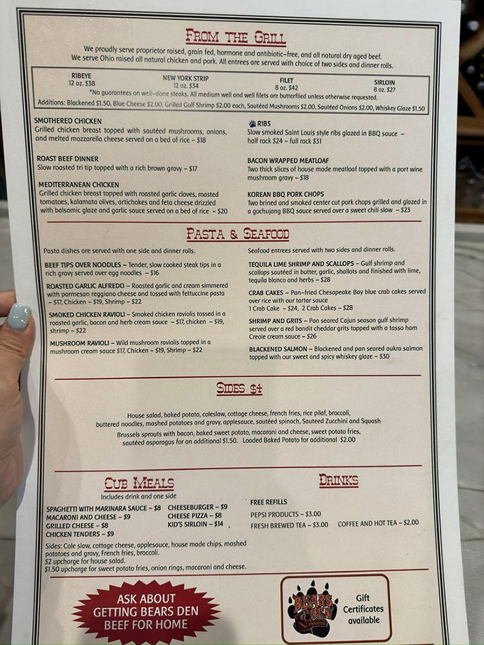 A menu that reads like a love letter to carnivores. The "From The Grill" section should come with a warning: "May cause spontaneous road trips from Cleveland."
