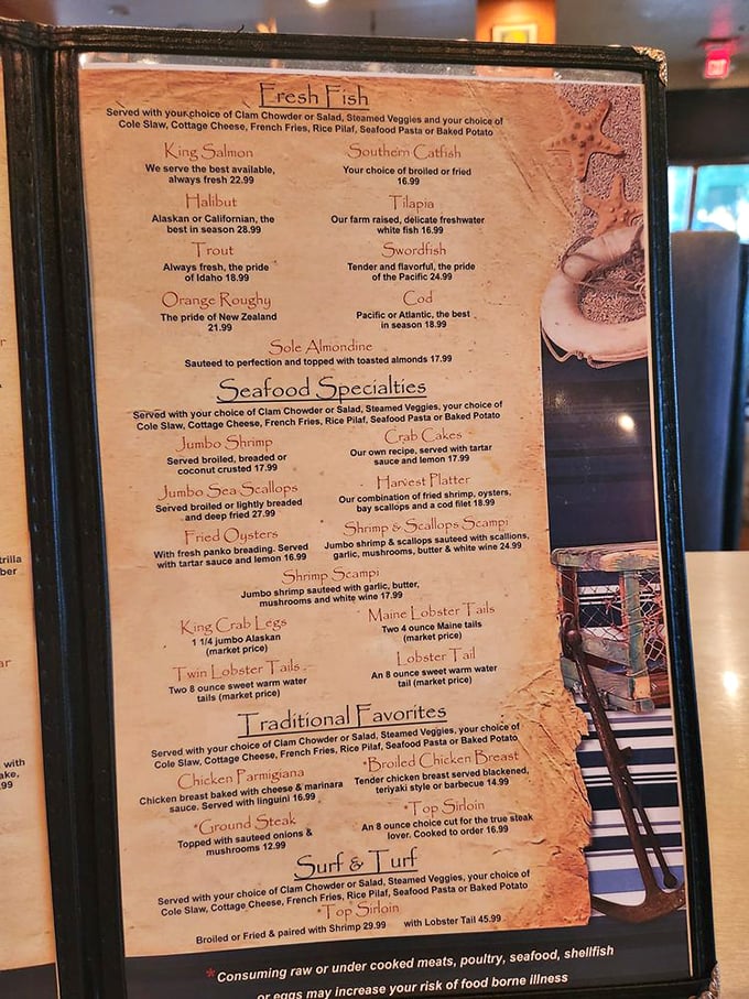 The menu reads like a love letter to seafood lovers. No pretentious descriptions&mdash;just the promise of ocean-fresh delights.