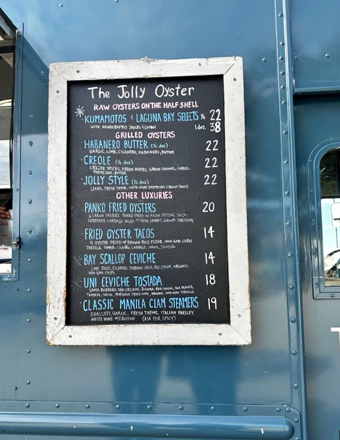 A chalkboard of oceanic treasures. Each chalk-scrawled offering promises a different journey from sea to palate, no passport required.