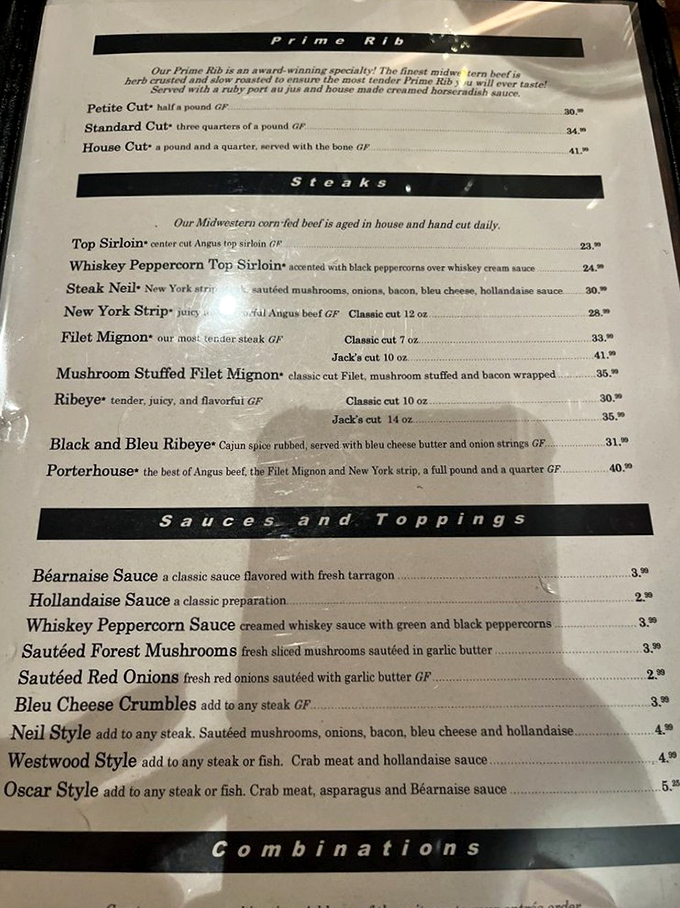 This menu isn't just a list of options&mdash;it's a roadmap to happiness. The prime rib section alone deserves its own ZIP code.