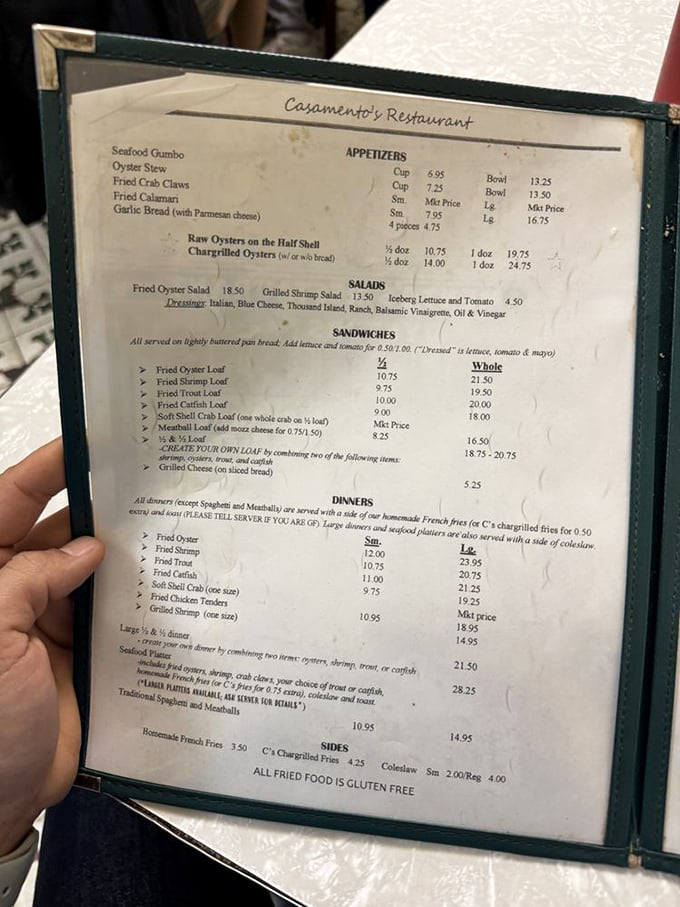 A menu where simplicity reigns supreme. No flowery descriptions needed when you've perfected seafood for over a century.