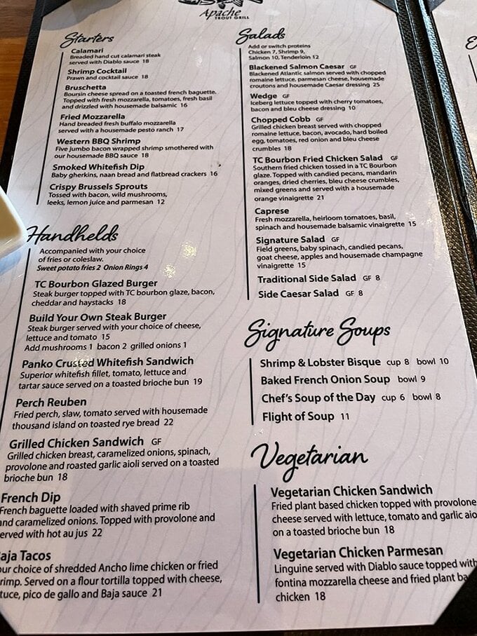 A menu that reads like poetry to seafood lovers &ndash; notice how the "Signature Soups" section alone could justify the drive to Traverse City.
