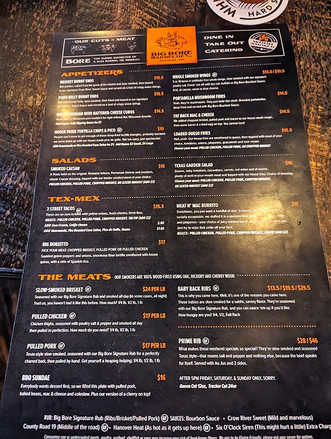 This menu isn't just a list&mdash;it's a declaration of smoked meat devotion. The "Meats" section alone could make a vegetarian reconsider their life choices.