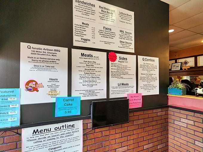Decisions, decisions! The menu board is a carnivore's dream, offering a mouthwatering array of smoked meats that'll make your taste buds do a happy dance.