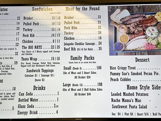 A menu that reads like poetry to meat lovers. Notice how they don't waste precious space on salads? That's commitment.